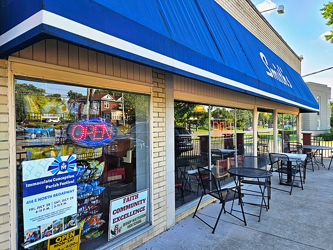That bright blue awning beckons like a lighthouse for sandwich seekers navigating Columbus's culinary waters.