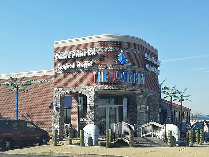 The Journey's exterior promises seafood adventures with its bold blue signage and welcoming bridge entrance. Nautical dreams begin at this unassuming Indianapolis treasure.