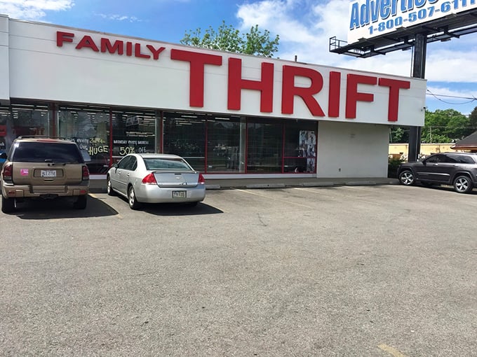 The red lettering beckons like a lighthouse for bargain hunters—Family Thrift's storefront promises treasures waiting to be discovered inside.