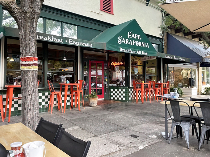 The green awning and cheerful orange chairs of Café Sarafornia beckon like an old friend on Calistoga's main drag, promising breakfast bliss ahead.