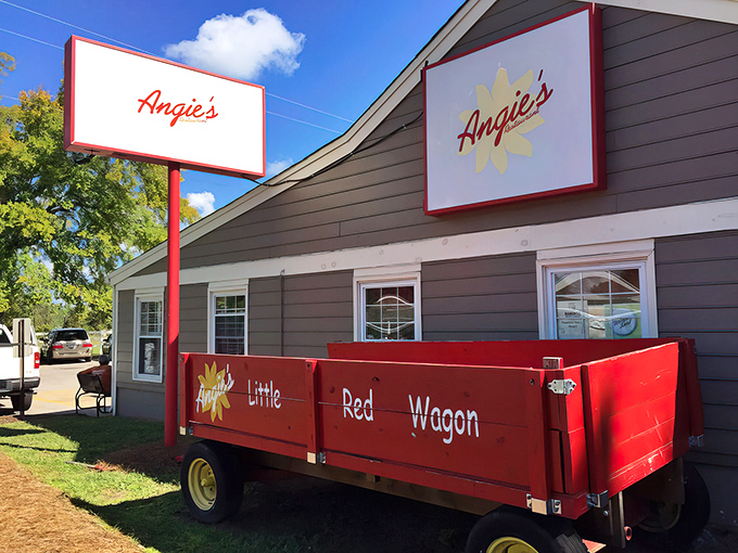 The iconic red wagon outside Angie's isn't just cute decor—it's your first clue that childhood breakfast dreams come true inside these walls.