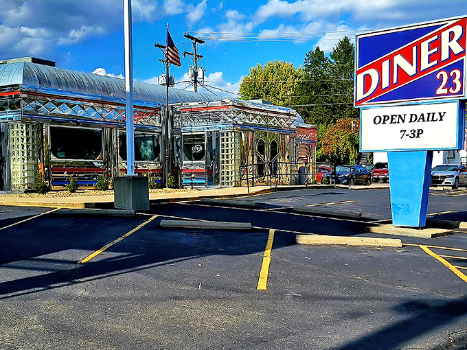 The gleaming stainless steel exterior of Maddy's Diner 23 shines like a beacon of hope for hungry travelers on US-23. Classic Americana at its finest.