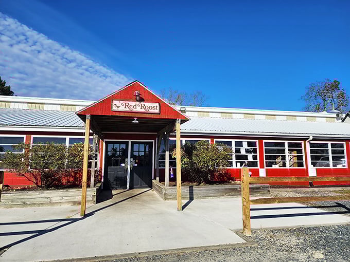 The classic red exterior isn't just a color choice—it's a beacon of hope for hungry travelers seeking fried chicken nirvana in rural Quantico.