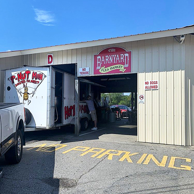 The iconic entrance to treasure-hunting paradise. That "P-Nut Man" food truck isn't just decoration—it's your first clue that delicious discoveries await inside.