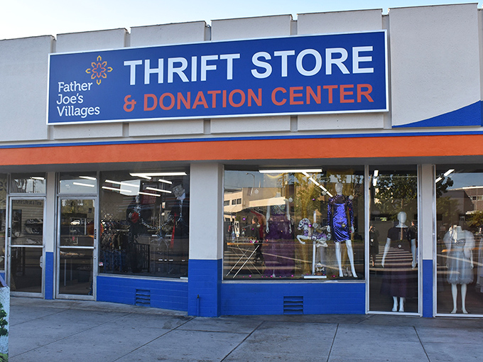 The bright blue and orange façade of Father Joe's Villages Thrift Store stands out on University Avenue like a beacon for bargain hunters seeking treasures with purpose.