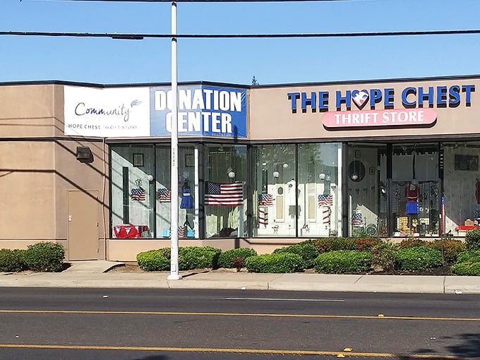 The cheerful exterior of Hope Chest Thrift Store beckons with colorful balloons and promises of treasures within. Bargain hunting never looked so inviting!
