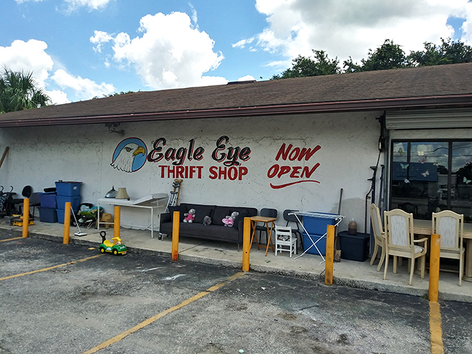 The unassuming exterior of Eagle Eye Thrift Shop beckons with promises of treasures within. Like a poker player with a royal flush, it keeps its best cards hidden inside.