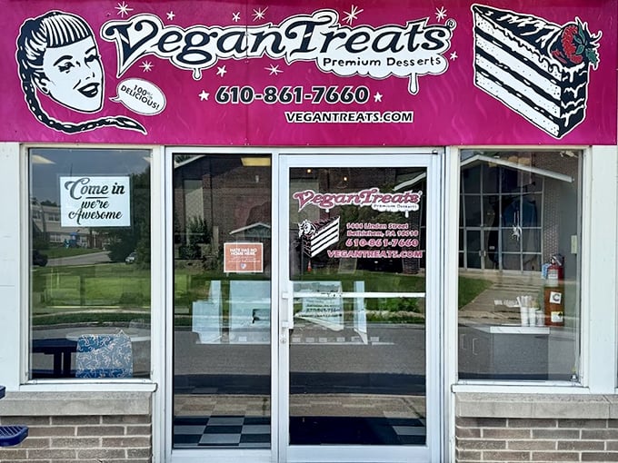 The pink storefront of Vegan Treats beckons like a dessert oasis in Bethlehem. That retro signage isn't lying—premium desserts await inside.