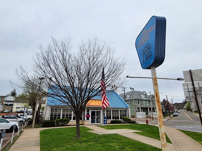 The blue-roofed beacon of breakfast hope stands proudly on Bloomsburg's street corner, promising comfort food salvation to hungry travelers and locals alike.