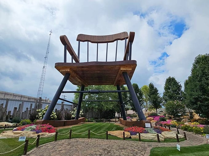 Standing tall against the Illinois sky, this 56-foot rocking chair makes you feel like you accidentally shrunk yourself in a laundry mishap.
