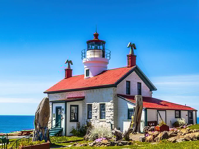 The quintessential lighthouse fantasy come to life—white walls, red roof, and that perfect perch above the Pacific. New England charm with a California address.