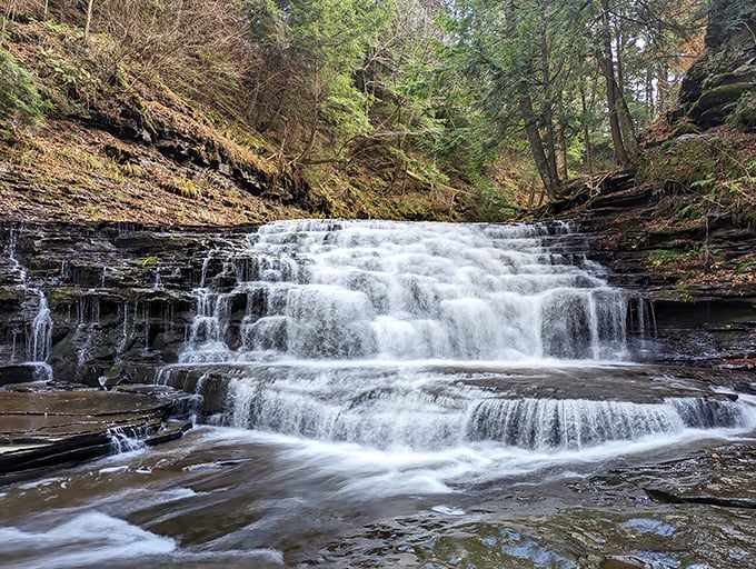 The three-tiered waterfalls at Salt Springs give Niagara a run for its money—if Niagara were intimate, peaceful, and came with ancient hemlocks as bodyguards.