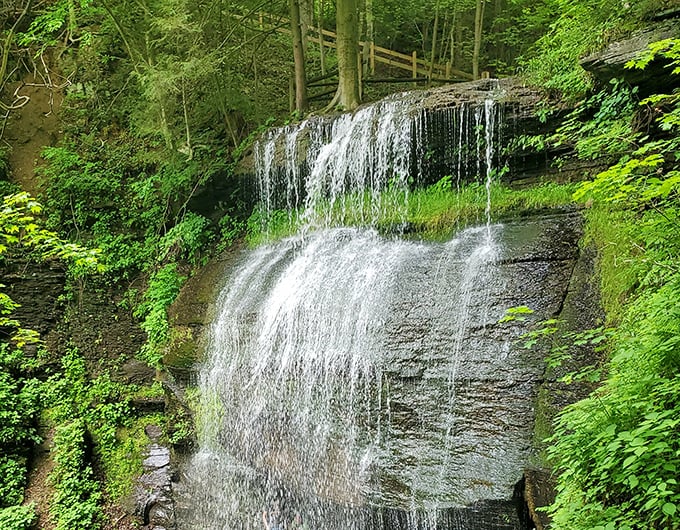 Nature's own masterpiece in motion. Buttermilk Falls cascades down 45 feet of ancient rock face, creating that signature white froth that inspired its name.
