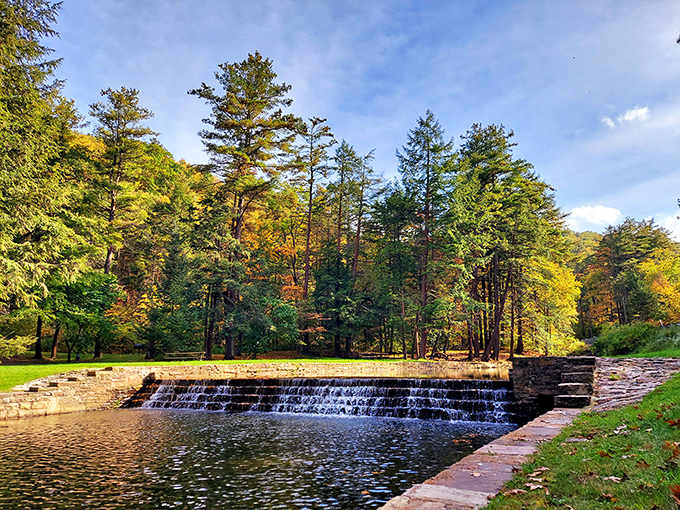 Nature's own infinity pool! This cascading waterfall at Ravensburg creates the perfect soundtrack for your forest meditation – Walden Pond with Pennsylvania attitude.