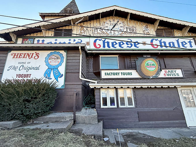 The Swiss chalet-style facade isn't just charming architecture—it's a dairy beacon that's been calling cheese pilgrims to Millersburg since FDR was signing New Deals.