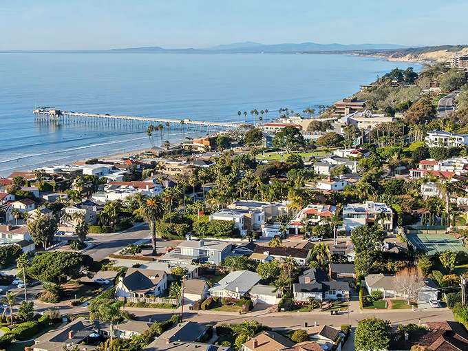 Coastal paradise from above! Bodega Bay's sun-drenched neighborhoods cascade toward the Pacific, where that iconic pier stretches into impossibly blue waters.