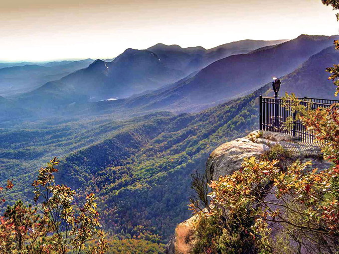 The Blue Ridge Mountains unfold like nature's masterpiece, with layers of purple and blue stretching to the horizon. Standing here makes everyday worries seem delightfully insignificant.