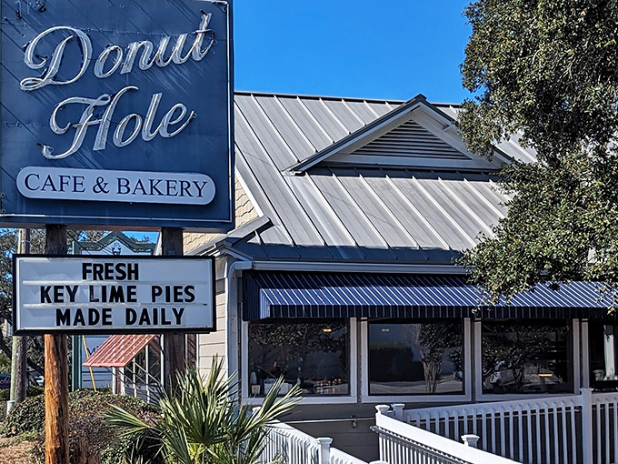 The iconic blue sign beckons hungry travelers like a lighthouse for breakfast lovers. The promise of fresh key lime pies is impossible to resist.