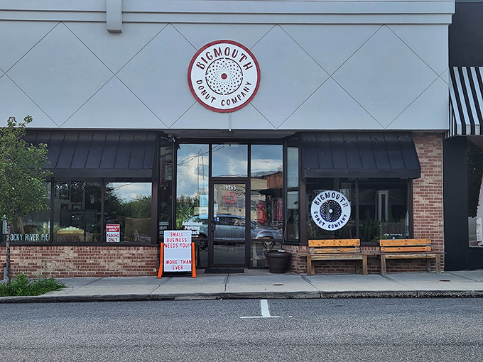 The unassuming storefront of Bigmouth Donut Company beckons with its clean lines and rustic wooden benches—a temple of fried dough hiding in plain sight.