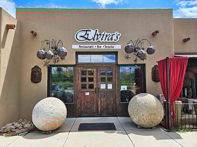 The adobe charm of Elvira's exterior, with those dramatic red curtains, promises a dining experience that's anything but ordinary in quaint Tubac.