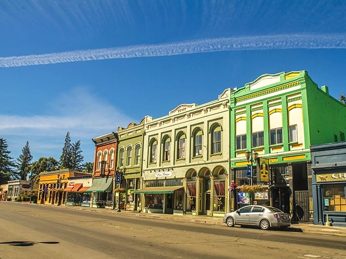 Colorful Victorian storefronts line Main Street like a Norman Rockwell painting that decided to vacation in California wine country.