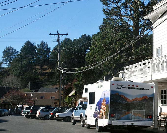 Main Street Bolinas – where time slows down and parking spots are treasured like California real estate. The ultimate small-town charm offensive.