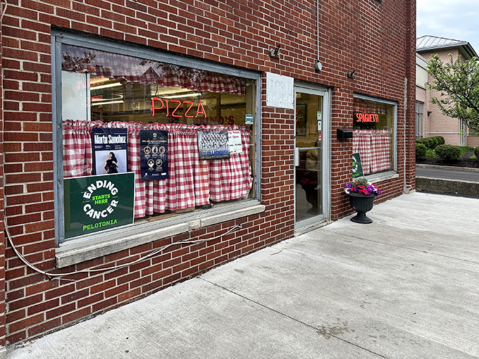 The classic red-and-white checkered curtains and neon signs aren't trendy design choices—they're time machines to when pizza joints were neighborhood institutions, not Instagram backdrops.