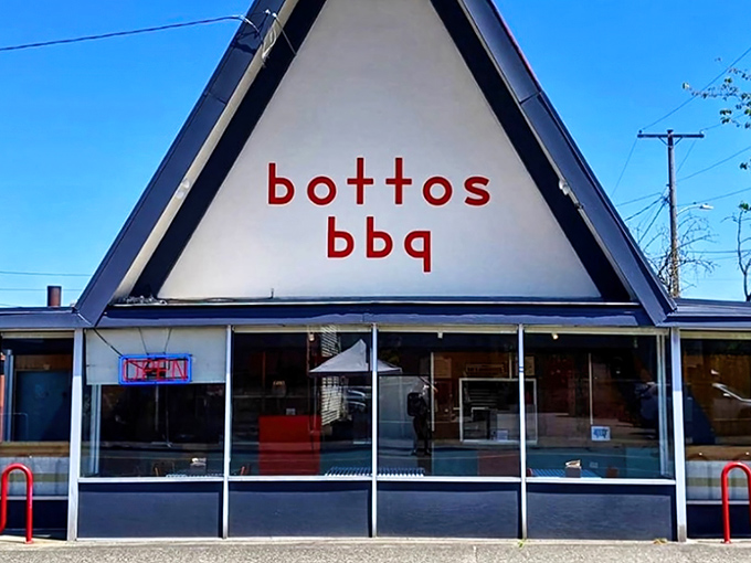 The iconic A-frame of Botto's BBQ stands like a beacon of smoky promise against the Portland sky. Simple, unpretentious, and absolutely magnetic to meat lovers.