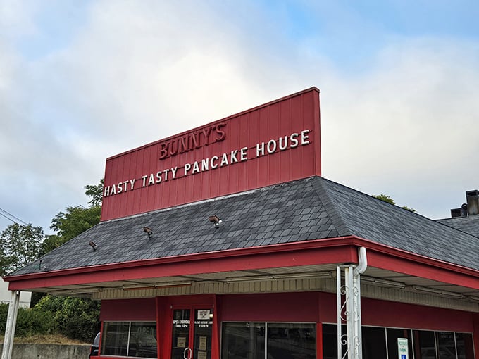 The bright red roof of Bunny's Hasty Tasty stands out like a beacon of breakfast hope against the Ohio sky.