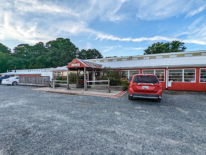 The classic red exterior isn't just a color choice—it's a beacon of hope for hungry travelers seeking fried chicken nirvana in rural Quantico.