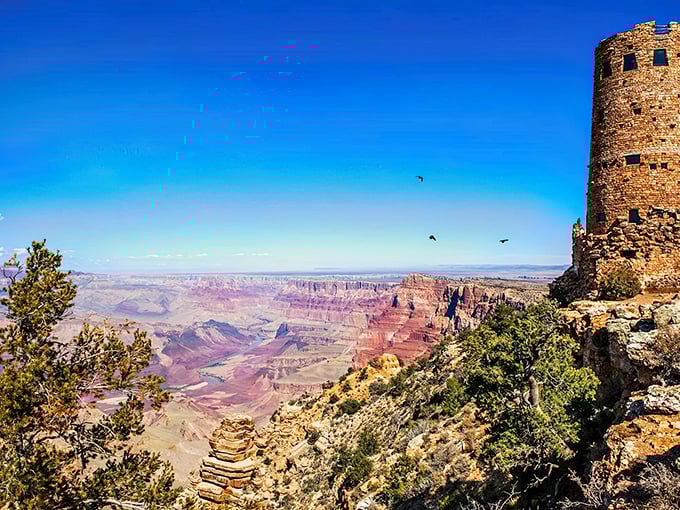 The Desert View Watchtower stands sentinel at the canyon's edge, where ancient architecture meets nature's grandest sculpture studio.