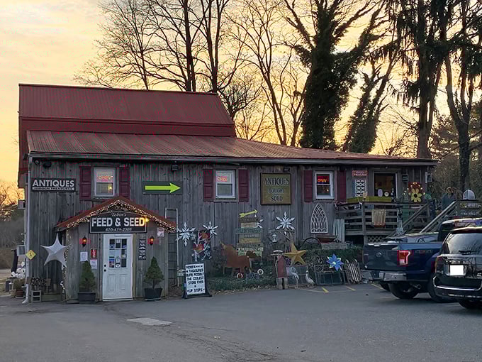 The weathered wooden exterior of Hidden Treasures isn't just selling antiques—it practically is one. Pennsylvania sunset optional, but highly recommended.