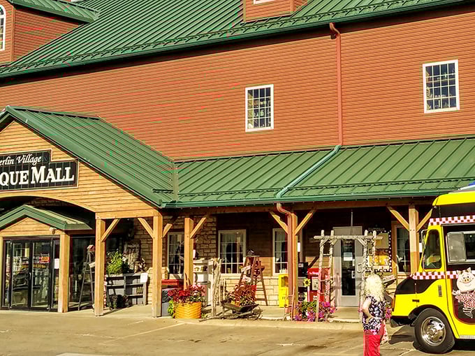 The distinctive red building with its green roof stands like a beacon for treasure hunters in Amish Country. Classic barn-inspired architecture houses countless memories waiting to be rediscovered.
