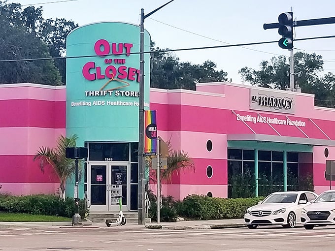 The unmistakable teal and pink exterior of Out of the Closet stands out on Mills Avenue like a flamingo at a business convention.