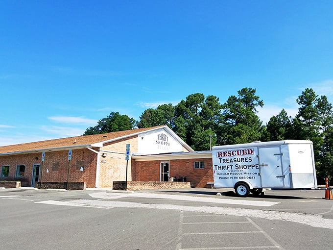 The unassuming brick exterior hides a treasure trove within. Like finding a secret passage in your childhood home, this thrift store promises adventures beyond its modest façade.