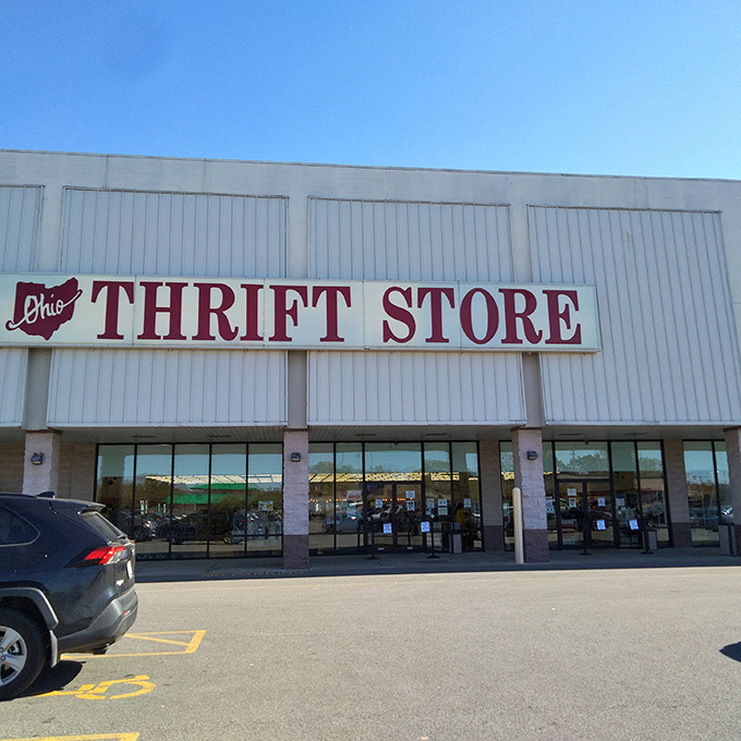 The unassuming exterior of Ohio Thrift Store—where bargain hunters' dreams come true and wallets breathe sighs of relief.