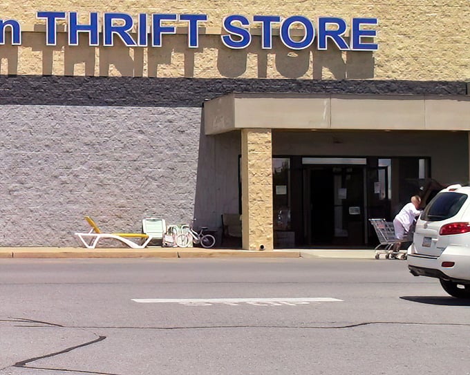 The unassuming exterior of Blue Mountain Thrift Store—like finding a five-star restaurant in a strip mall, the treasures inside defy the modest façade.
