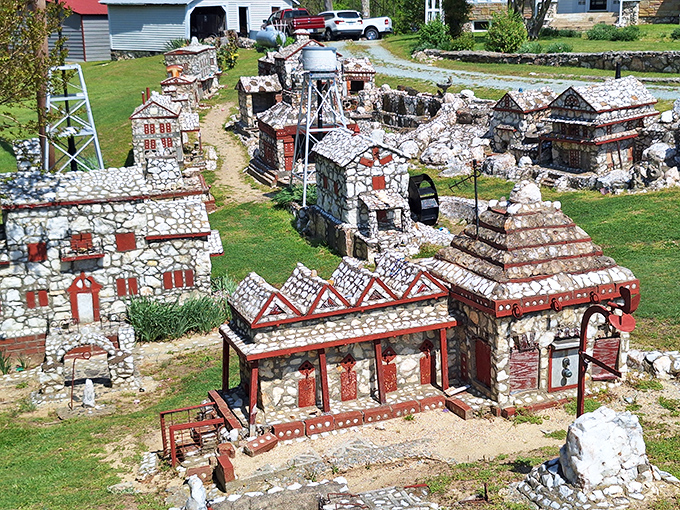 A miniature metropolis where the buildings might be small, but the craftsmanship is enormous. Stone houses with distinctive red trim create a whimsical landscape.