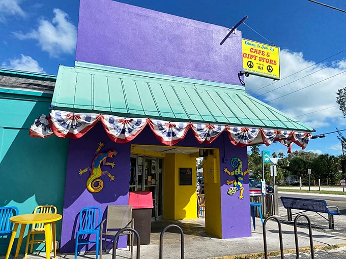 The purple exterior of Ginny's & Jane E's isn't just a building—it's a mood announcement. Florida sunshine meets artistic whimsy in this color-drenched island landmark.