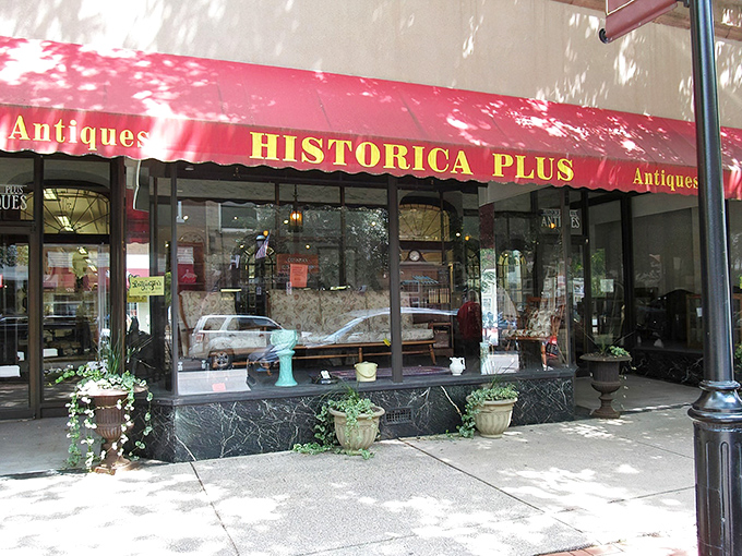 The storefront beckons with its classic display window, showcasing treasures arranged like a museum exhibit. Autumn leaves add seasonal charm to this vintage hunter's paradise.