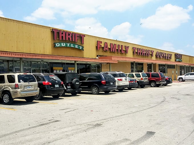 The bright yellow exterior of Family Thrift Center Outlet stands like a beacon of bargain possibilities on Little York Road in Houston.