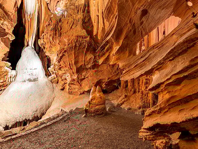Nature's patient artistry on display: These delicate flowstone formations took thousands of years to create, each drip adding another microscopic layer to the masterpiece.