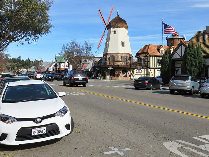 Solvang's main street looks like Denmark decided California needed a splash of Scandinavian charm. Those colorful facades aren't just for show – they're portals to pastry heaven.