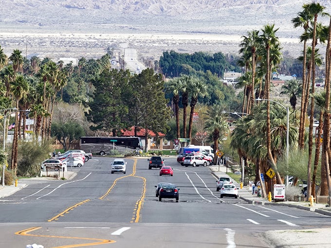 Palm trees standing like sentinels against mountain backdrops – Borrego Springs' main drag offers that perfect "I've escaped civilization" feeling without actually roughing it.