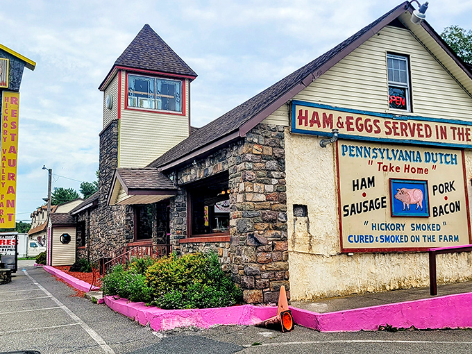 The stone facade and pink trim of Hickory Valley Farm Restaurant stand out like Broadway lights in the Pocono Mountains—a delicious prelude to what awaits inside.