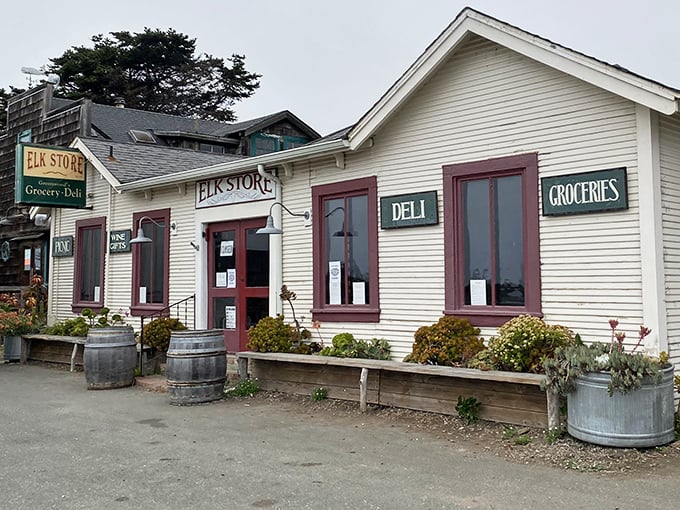 Classic Americana at its finest—the Elk Store's white clapboard exterior with burgundy trim promises culinary treasures behind those unassuming doors.