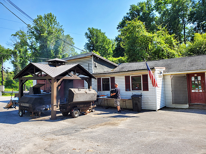 The smokehouse siren call! Jake's unassuming exterior houses BBQ treasures within, while those custom smokers out front tell the real story.