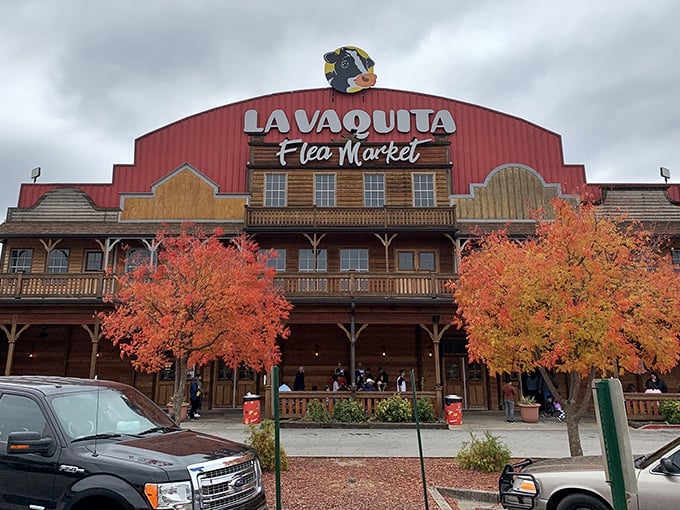 The Wild West meets Mexican mercado at La Vaquita's impressive facade. That giant blue cow isn't just decoration—it's your signal that treasure hunting season is officially open.