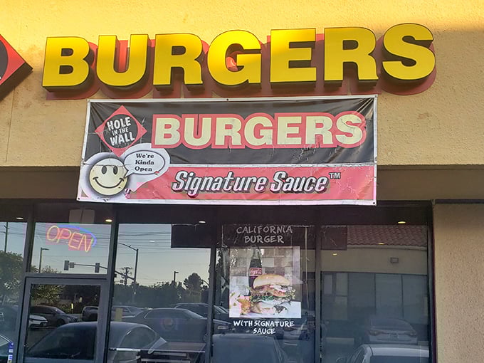 That bright yellow "BURGERS" sign isn't trying to be fancy—it's a beacon of honest-to-goodness deliciousness waiting inside.