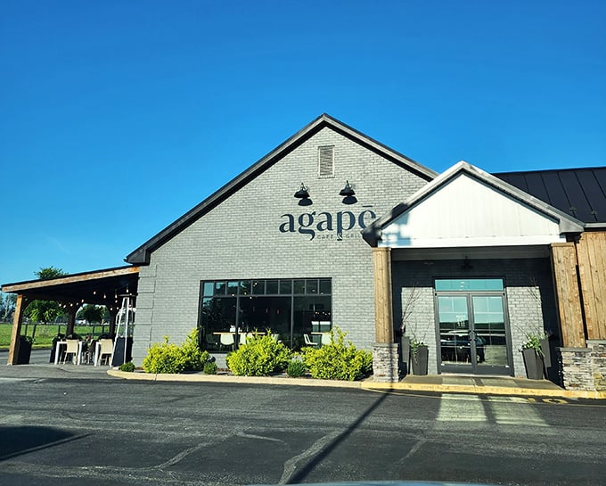 Agapē's sleek gray exterior belies the culinary treasures within. The inviting patio with string lights promises memorable dining under Pennsylvania skies.
